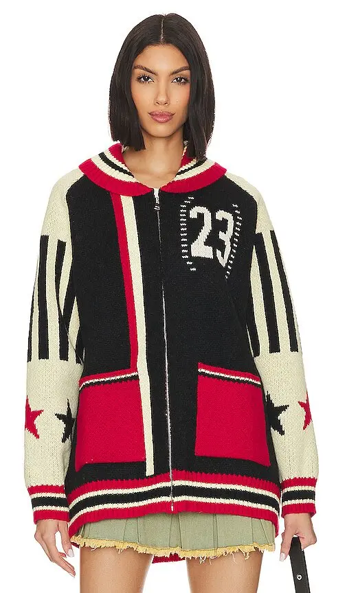 Jaded London Team 23 Knitted Zip Through In Blue In Black & Ivory